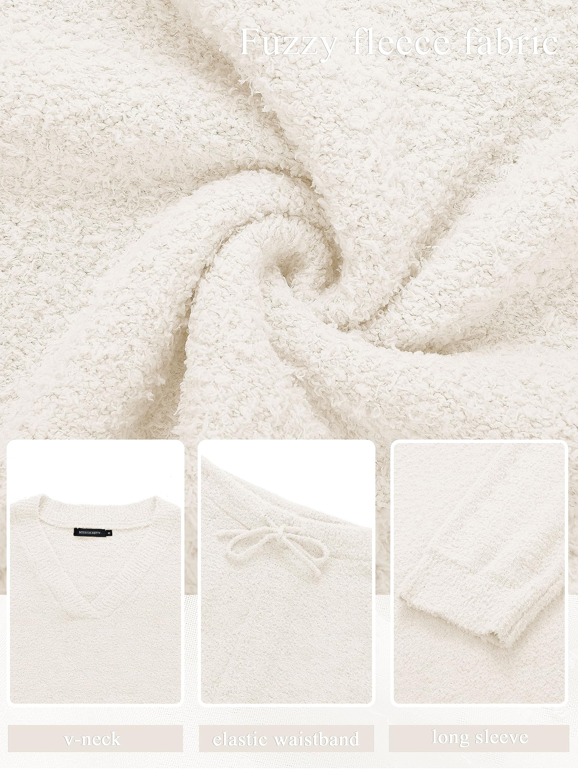 MEROKEETY Women's 2 Piece Outfits Fuzzy Fleece Pajama Set Long Sleeve Top Wide Leg Pants Loungewear,Beige,M