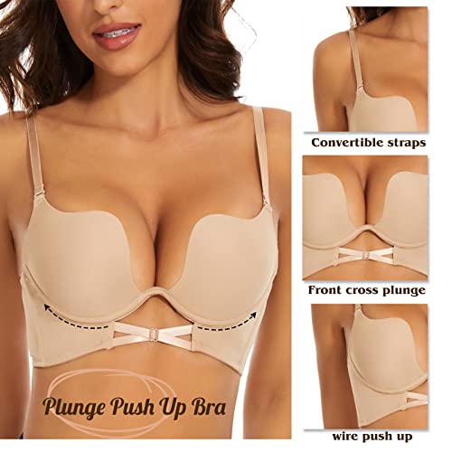 Haullps Deep Plunge Push Up Bra for Women Low back Bra Wire Lifting Bra with Multiway Convertible Straps Nude
