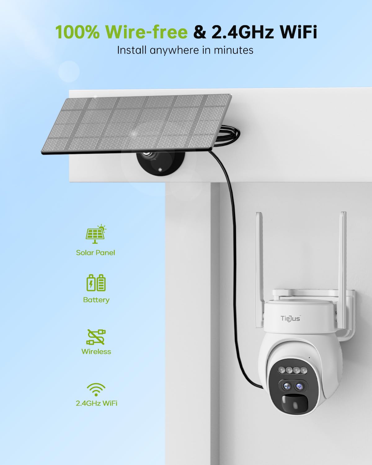 [ 10X Zoom ] TIEJUS Dual Lens Security Cameras Wireless Outdoor, 360° PTZ Solar Cameras for Home Security Outside, 2K Color Night Vision, Motion Alarm