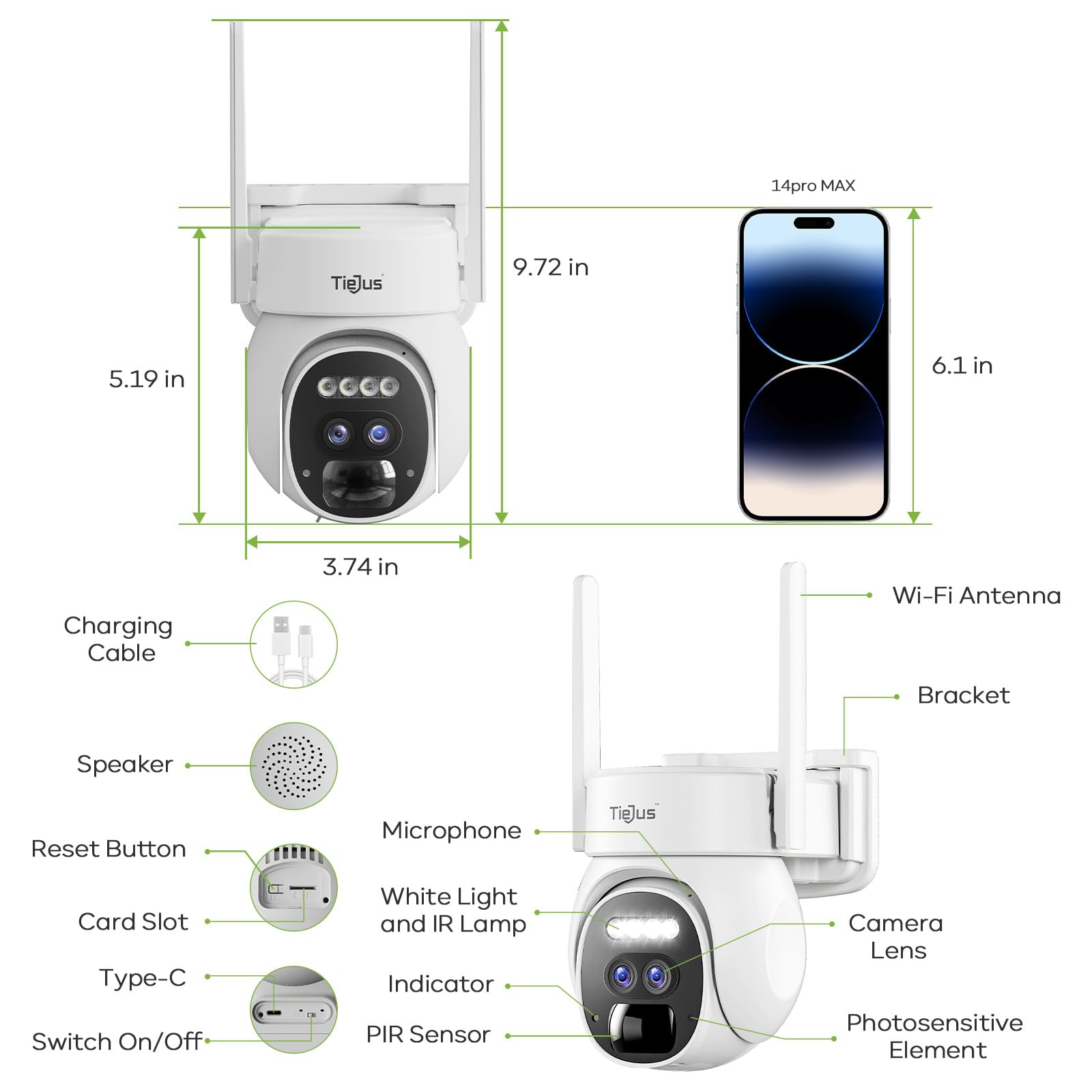 [ 10X Zoom ] TIEJUS Dual Lens Security Cameras Wireless Outdoor, 360° PTZ Solar Cameras for Home Security Outside, 2K Color Night Vision, Motion Alarm