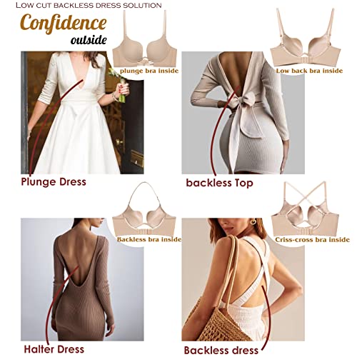 Haullps Deep Plunge Push Up Bra for Women Low back Bra Wire Lifting Bra with Multiway Convertible Straps Nude