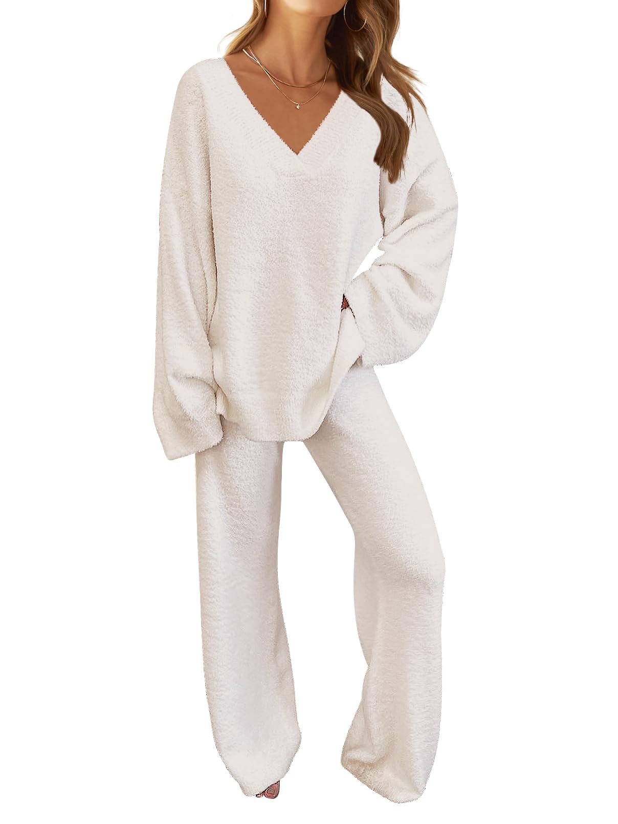 MEROKEETY Women's 2 Piece Outfits Fuzzy Fleece Pajama Set Long Sleeve Top Wide Leg Pants Loungewear,Beige,M