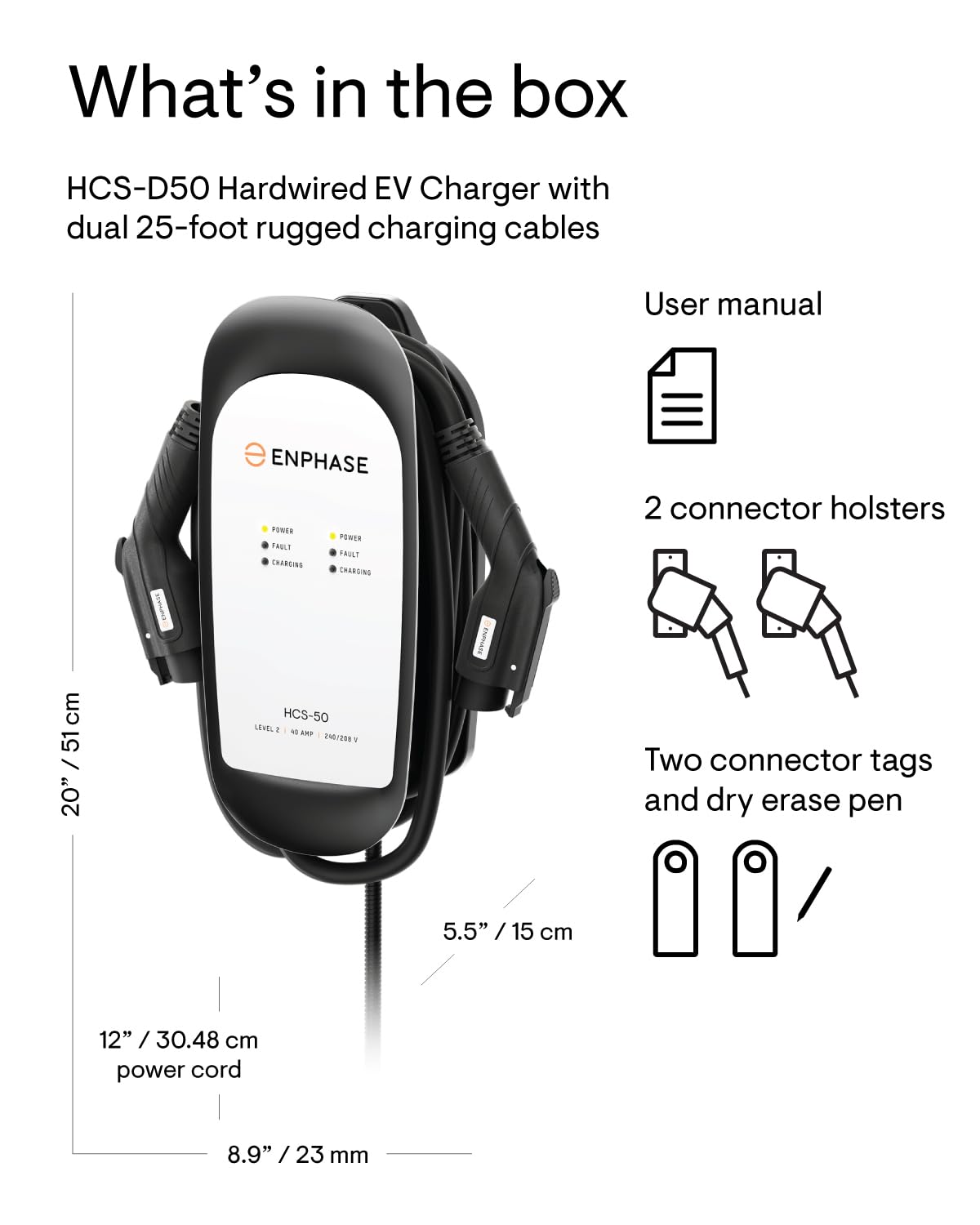 40 Amp Dual EV Charger, Enphase HCS-D50, 240v, 9.6kW Power, 5-Year Warranty, Safety Certified, J1772 Connectors, Hardwired, 25ft Cables, Formerly ClipperCreek