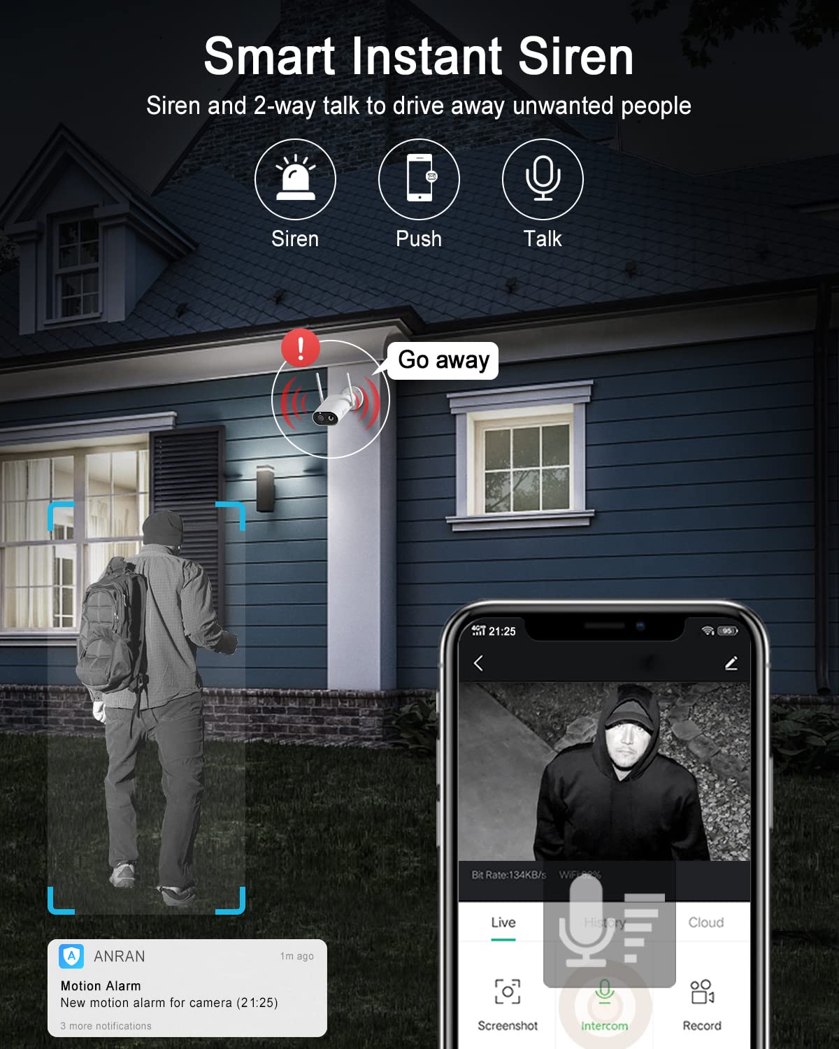 ANRAN Security Cameras Wireless Outdoor - 2K Solar Security WiFi Camera, Night Vision, IP65 Waterproof, Smart Siren, PIR Human Detection, 2-Way Talk, Work with Alexa, Home Surveillance, S1 White