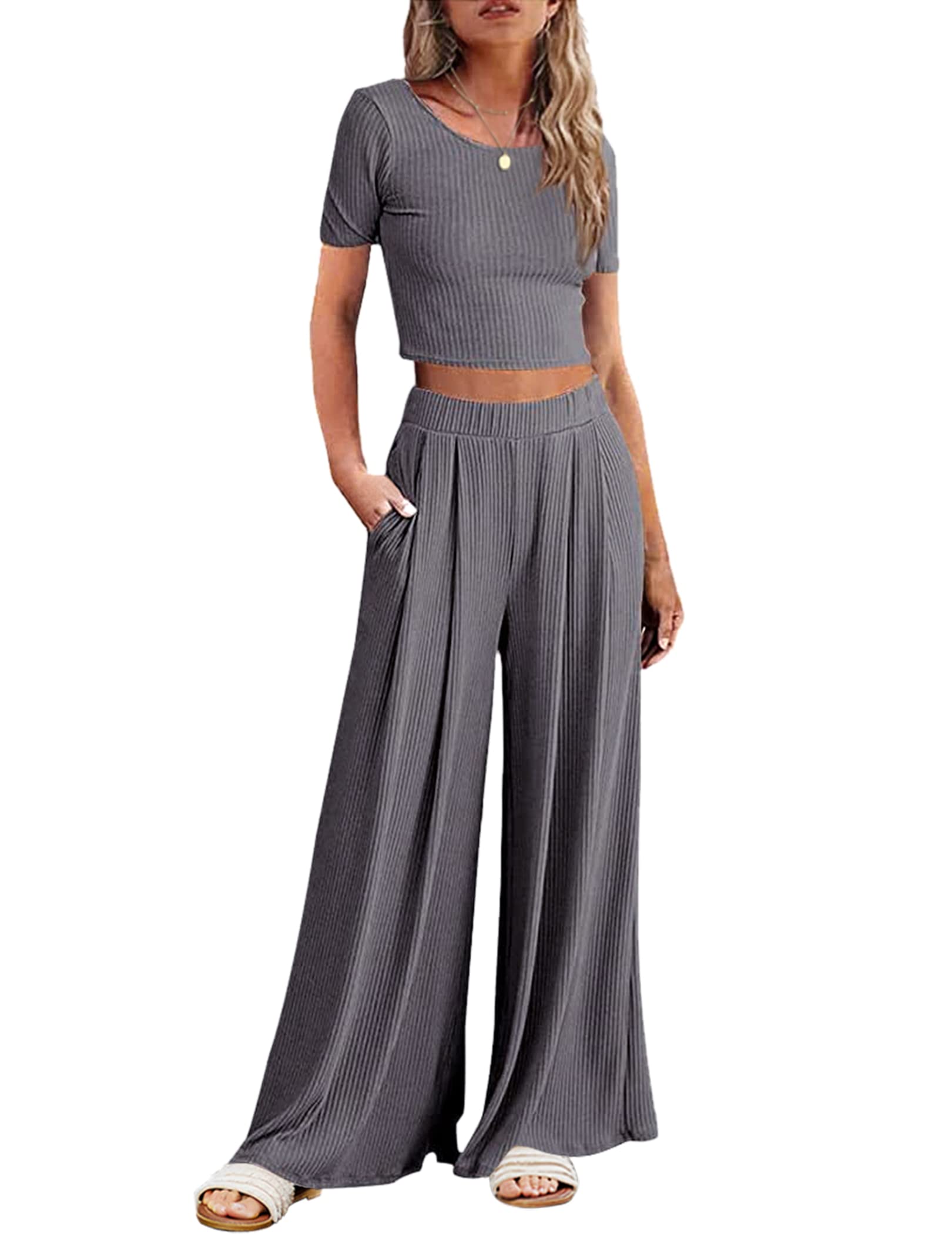 Ekouaer Women's 2 Piece Lounge Sets Short Sleeve Pajama Set Ribbed Knit Crop Top Wide Leg Pants Loungewear,Dark Gray,M