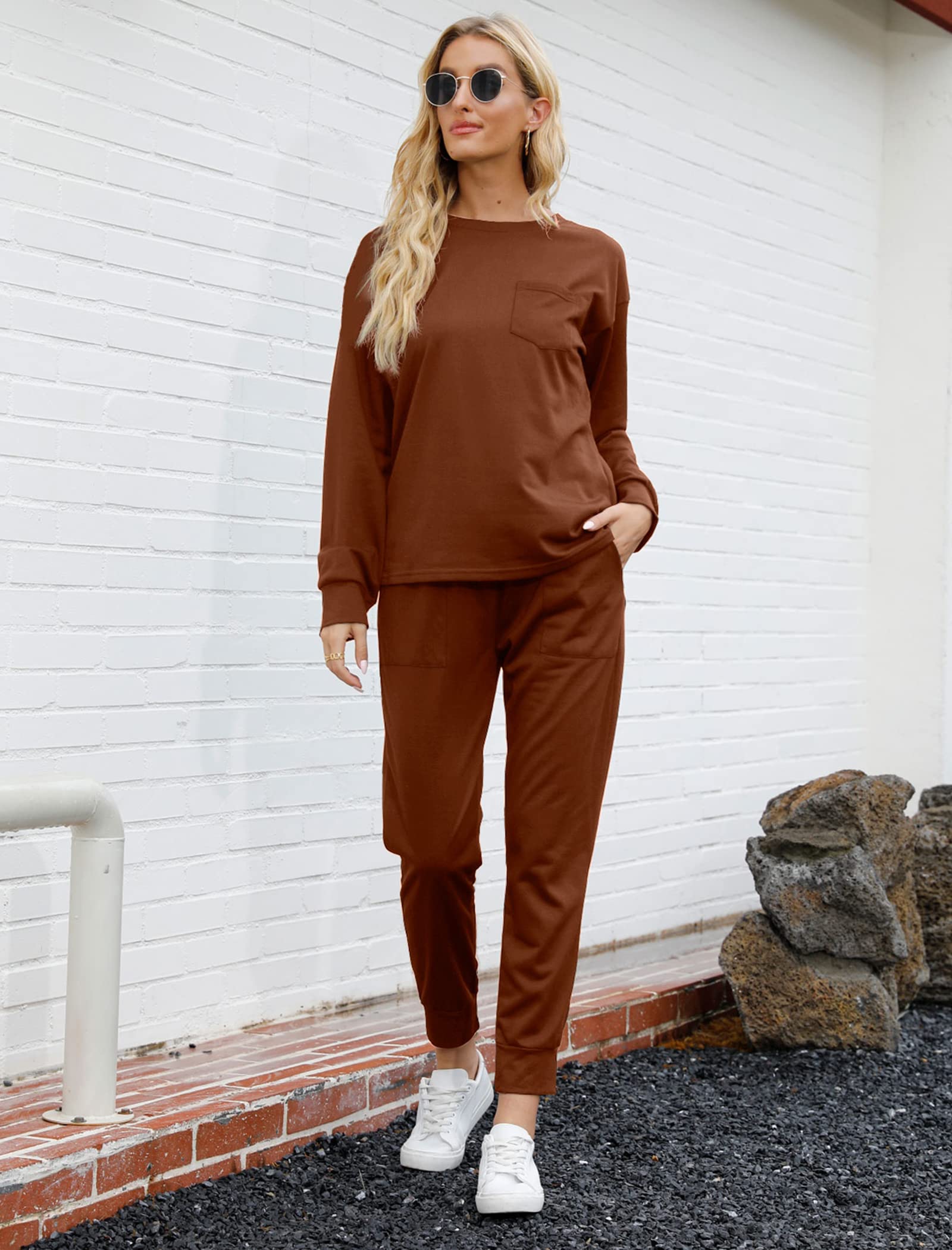 Bofell Womens Fall Fashion 2024 Lounge 2 Piece Outfits Soft Trendy Travel Clothing Joggers Sets Coffee XL