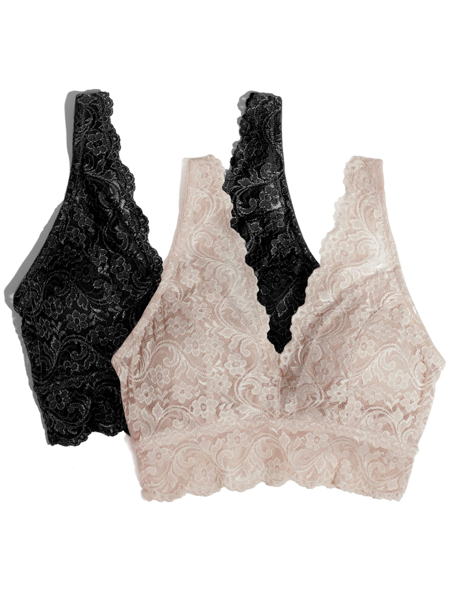 Smart & Sexy Women's Signature Lace Deep V Neck Wireless Bralette, Bralettes For Women With Support, Bralettes and Bralette Pack Black Hue/In the Buff XL