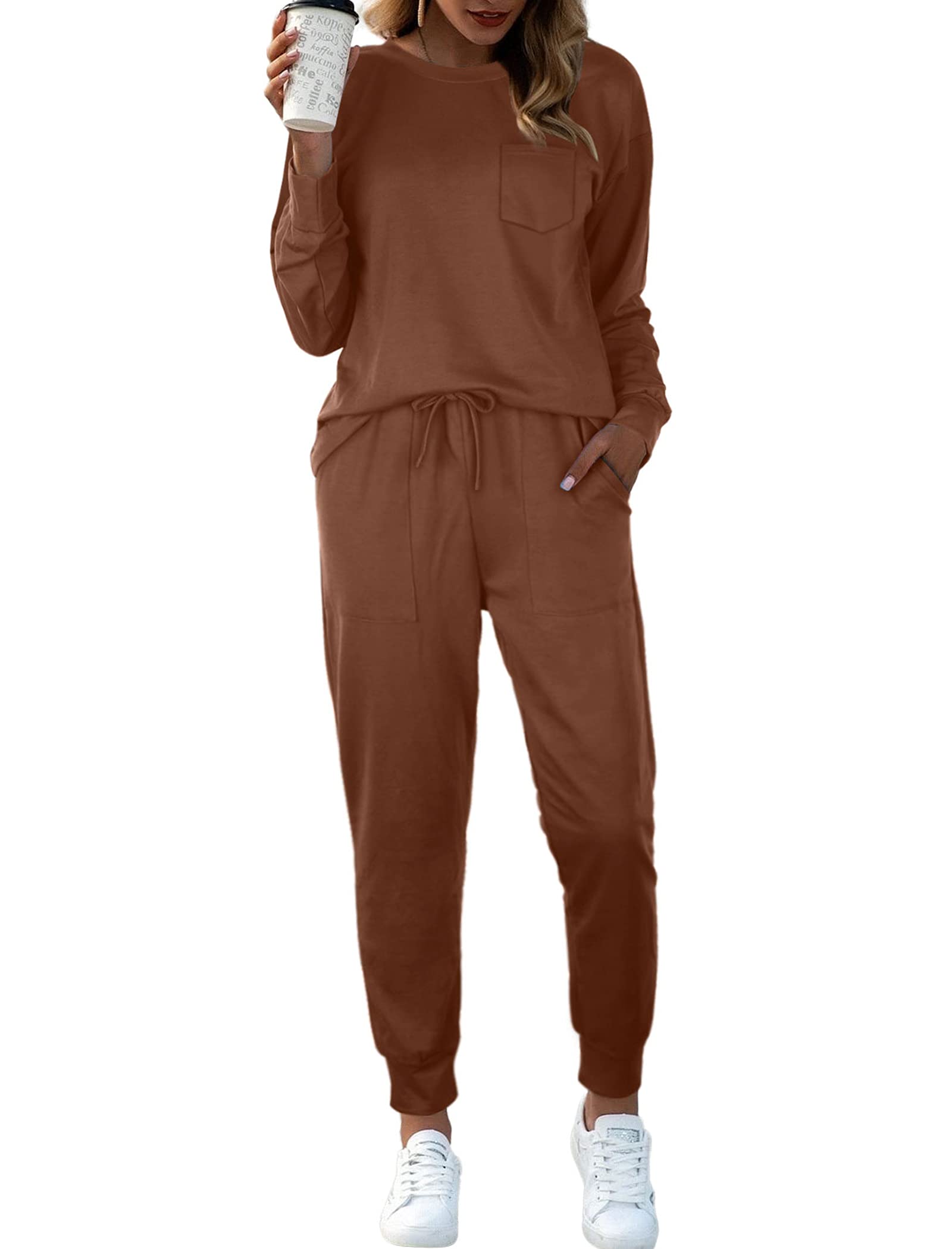 Bofell Womens Fall Fashion 2024 Lounge 2 Piece Outfits Soft Trendy Travel Clothing Joggers Sets Coffee XL
