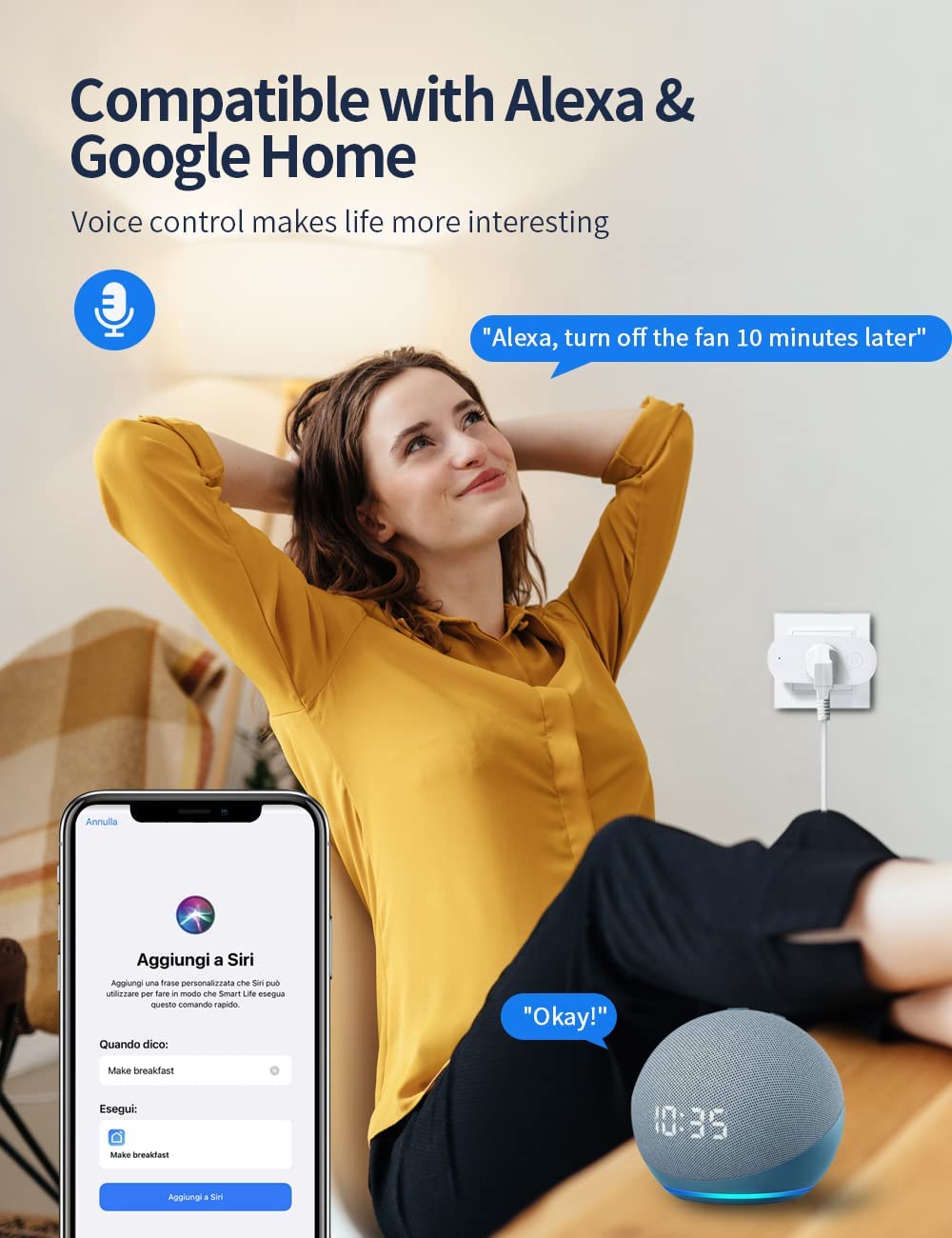 Smart Plug 15A, Smart Home WiFi Outlet, with Energy Monitoring, Works with Siri, Alexa, Google Home Nest Hub and Smartthings, No Hub Required, 2.4GHz WiFi Required(2 Pack)