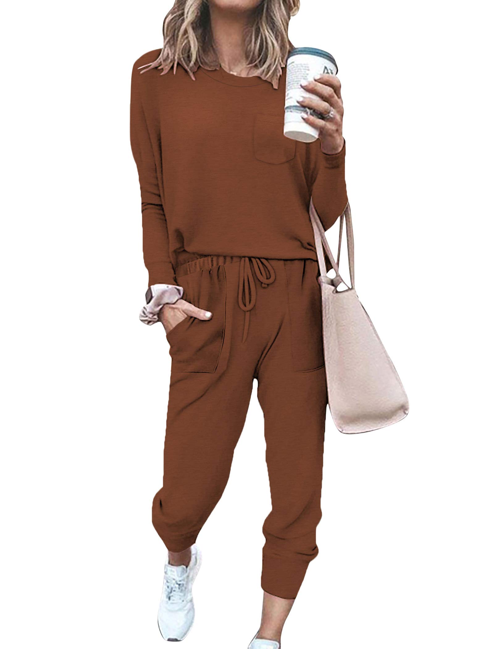 Bofell Womens Fall Fashion 2024 Lounge 2 Piece Outfits Soft Trendy Travel Clothing Joggers Sets Coffee XL