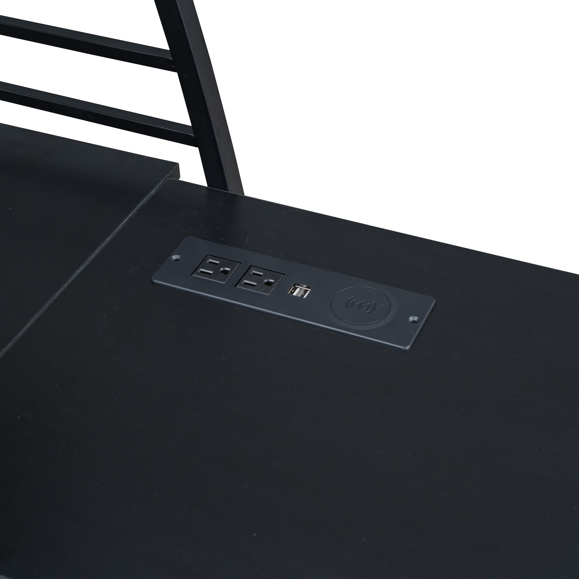 Full Size Metal Loft Bed with Desk and Bookcase, Modern Style Heavy-Duty Steel Frame Bunk Bed with Sockets, USB Ports and Wireless Charging (Full, Black)