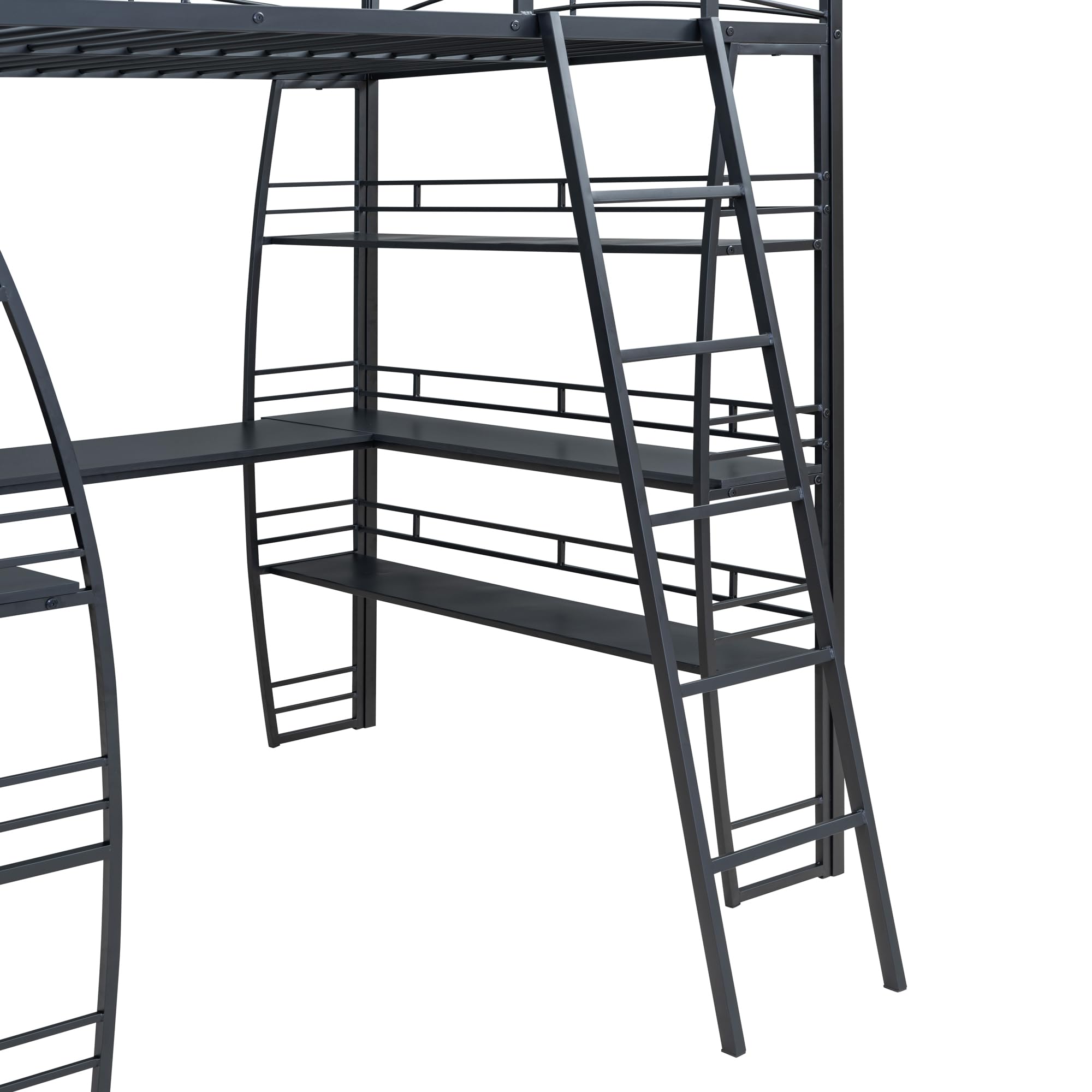 Full Size Metal Loft Bed with Desk and Bookcase, Modern Style Heavy-Duty Steel Frame Bunk Bed with Sockets, USB Ports and Wireless Charging (Full, Black)