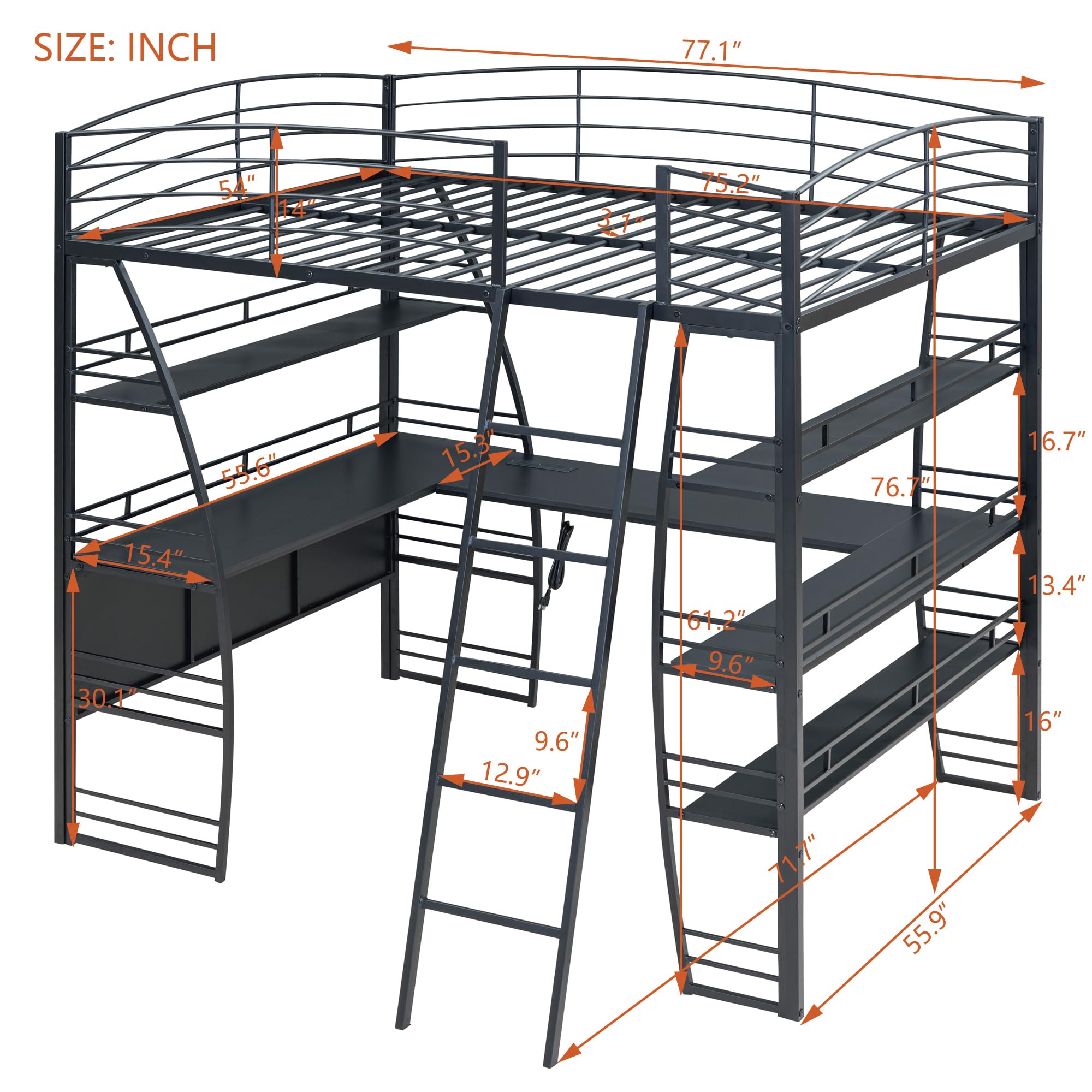 Full Size Metal Loft Bed with Desk and Bookcase, Modern Style Heavy-Duty Steel Frame Bunk Bed with Sockets, USB Ports and Wireless Charging (Full, Black)