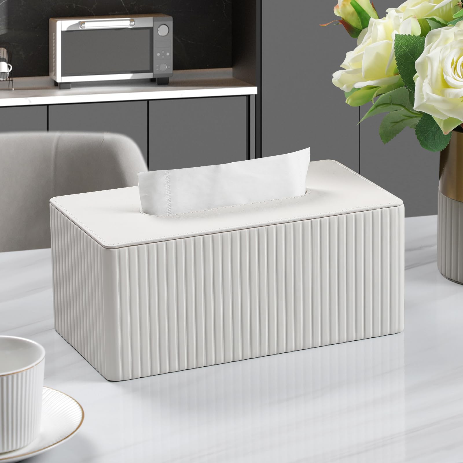 MEIBOOCH Tissue Box Cover Stylish PU Leather Rectangular Tissue Box Holder with Magnetic Bottom Cover for Bathroom Bedroom or Office (Cream-White)