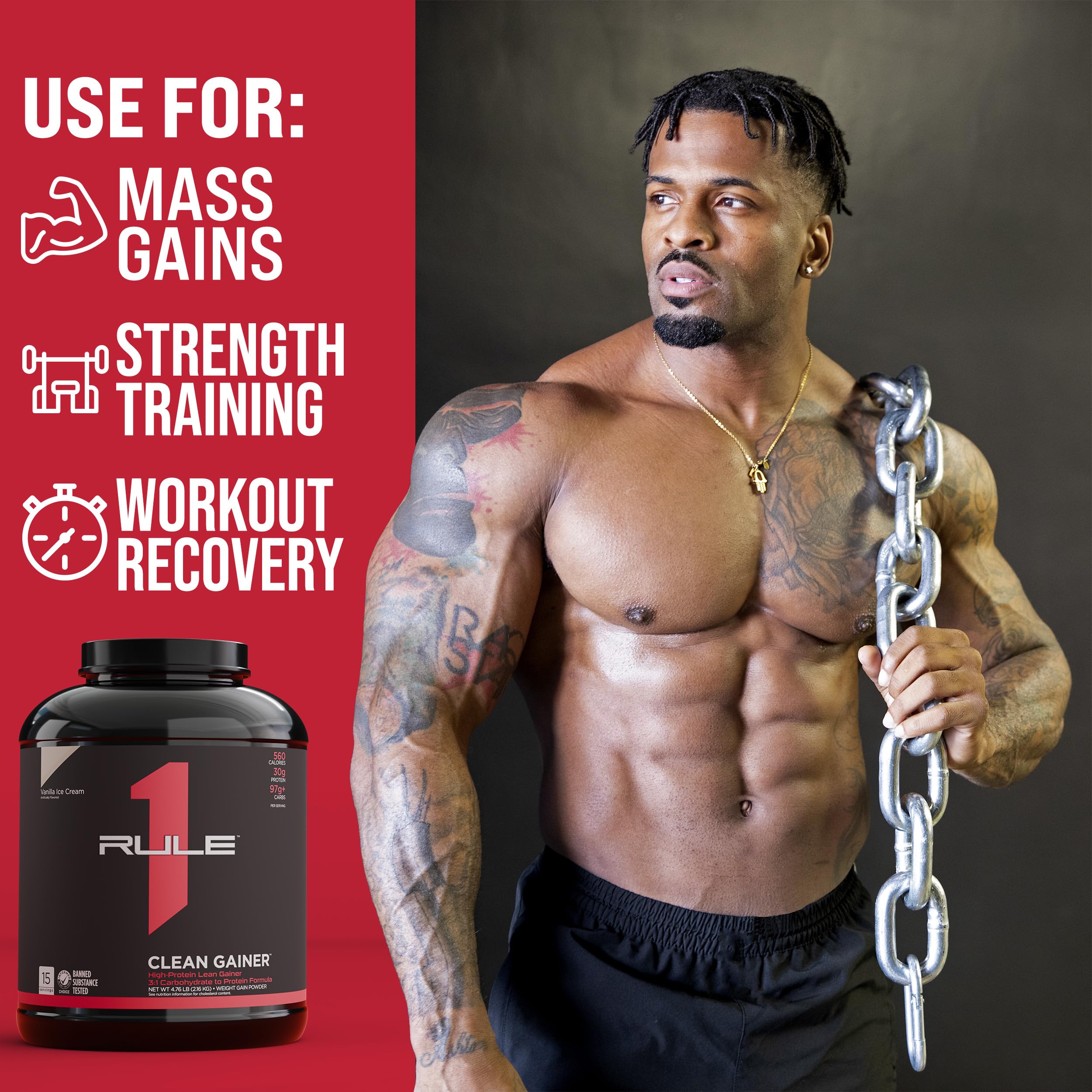 Rule One Proteins, R1 Clean Gainer - High-Protein Lean Gain Formula with 560 Calories, 30g of Full-Spectrum Protein, Over 90g Carbs, Under 6g of Fat (15 Servings, Chocolate Peanut Butter)