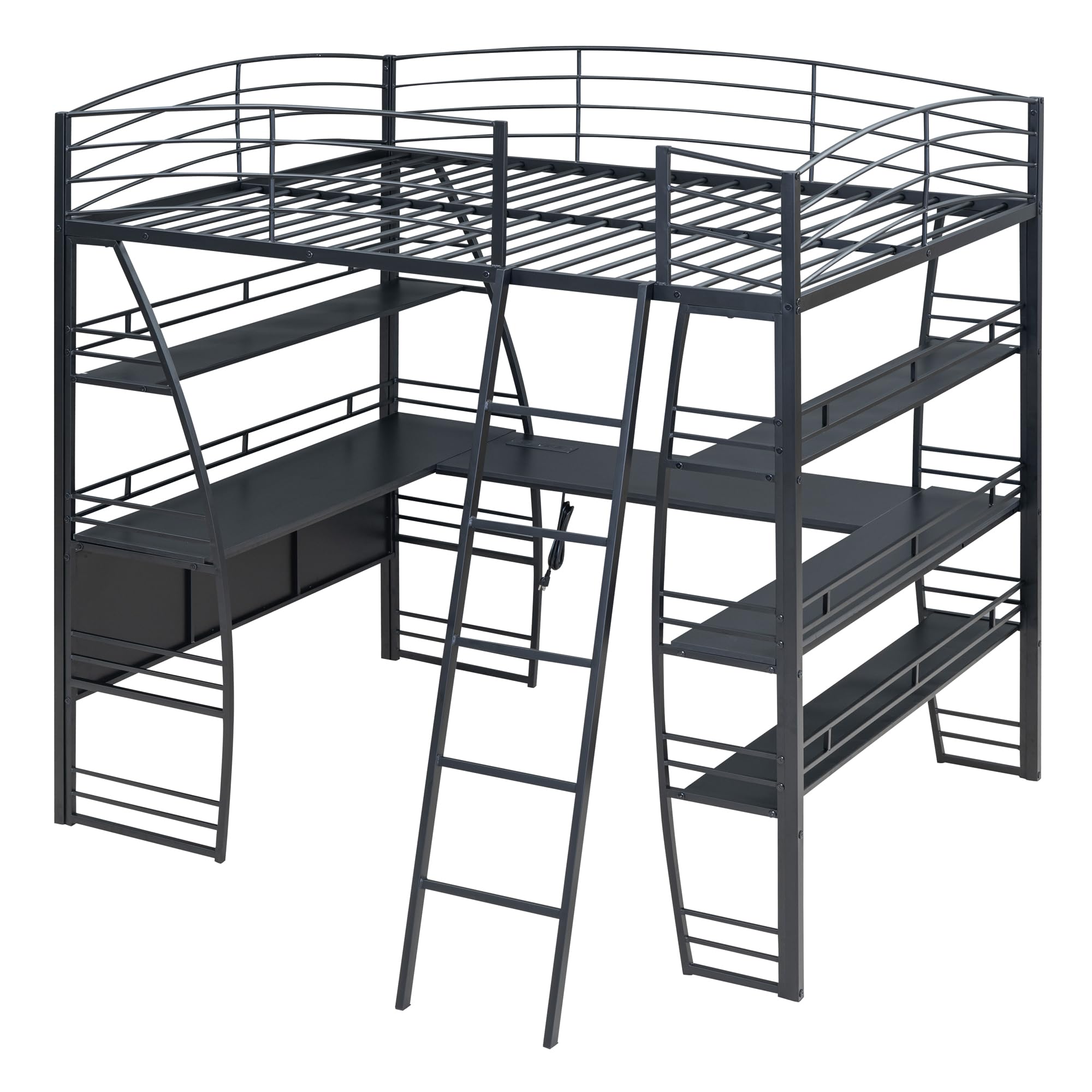 Full Size Metal Loft Bed with Desk and Bookcase, Modern Style Heavy-Duty Steel Frame Bunk Bed with Sockets, USB Ports and Wireless Charging (Full, Black)
