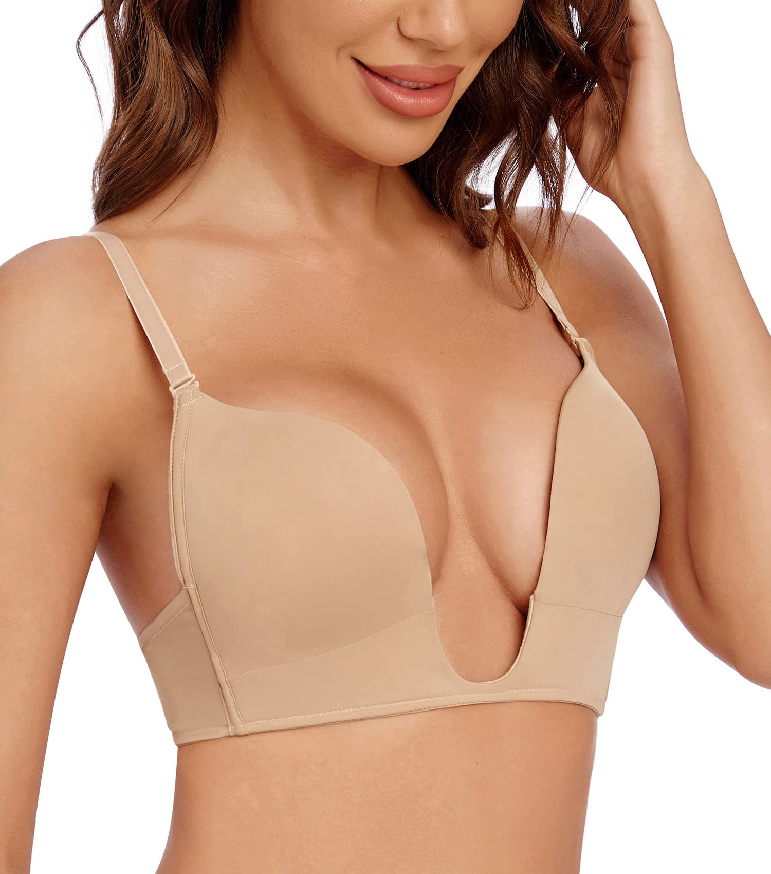 Wekofi Deep V Plunge Bras for Women Convertible Sexy Low Back Invisible Magic Wire Bra(Sand, 38C)