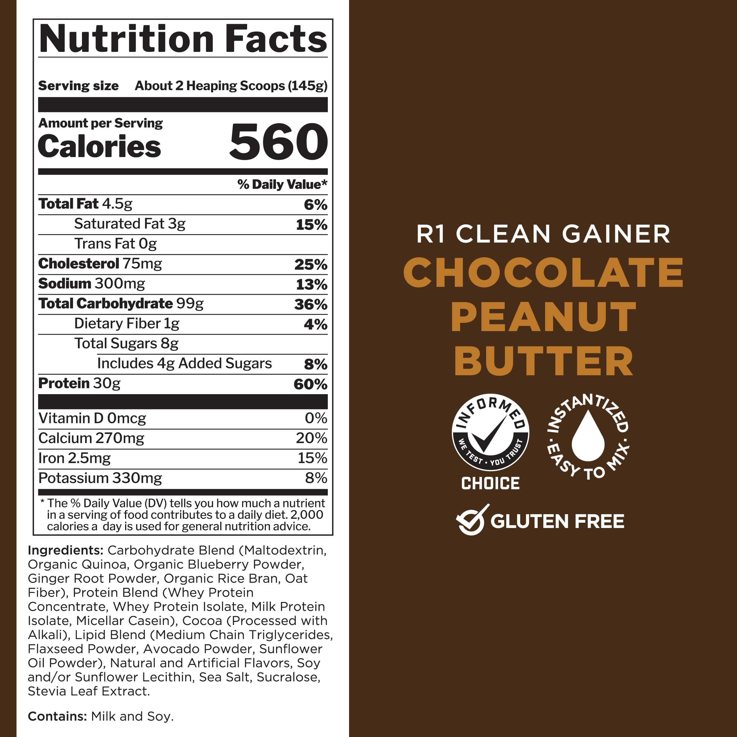 Rule One Proteins, R1 Clean Gainer - High-Protein Lean Gain Formula with 560 Calories, 30g of Full-Spectrum Protein, Over 90g Carbs, Under 6g of Fat (15 Servings, Chocolate Peanut Butter)