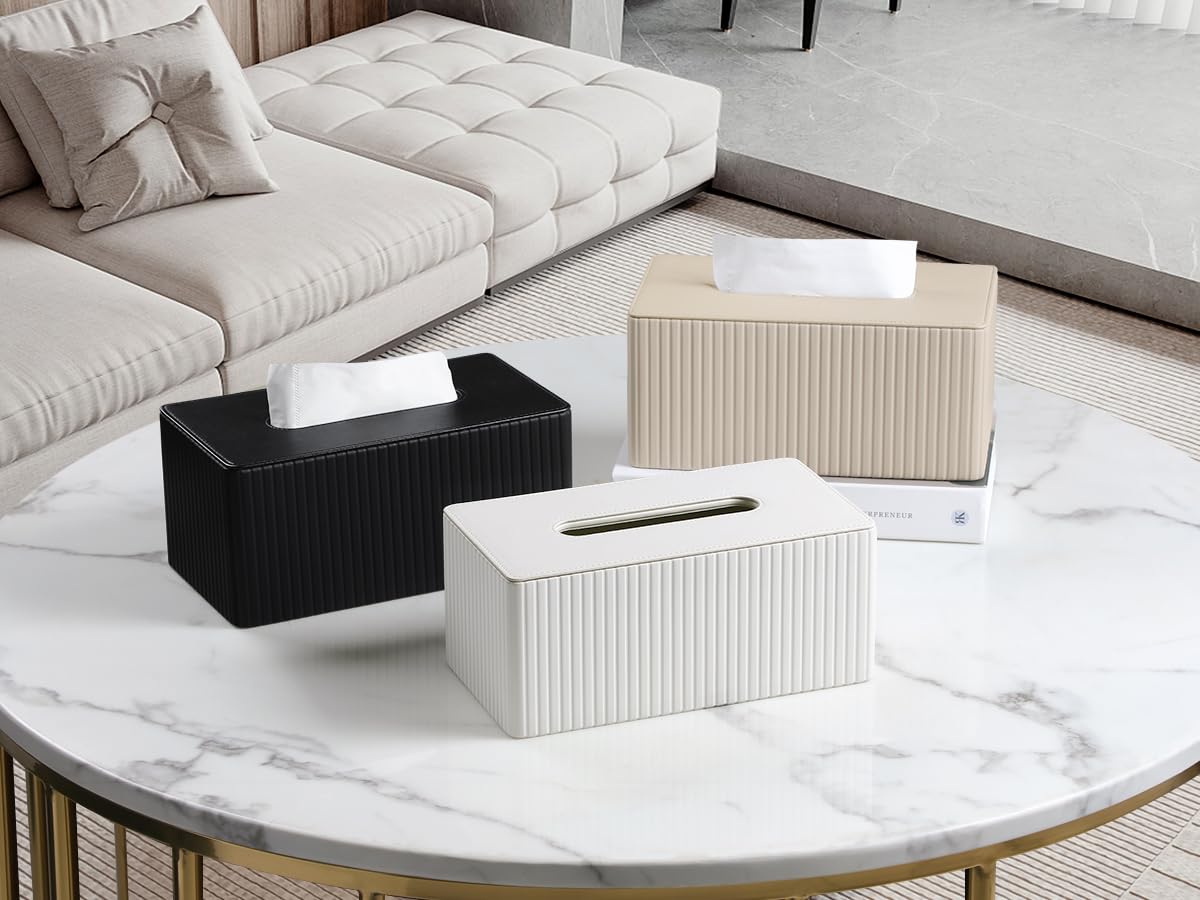 MEIBOOCH Tissue Box Cover Stylish PU Leather Rectangular Tissue Box Holder with Magnetic Bottom Cover for Bathroom Bedroom or Office (Cream-White)
