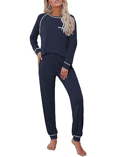 Ekouaer Pajamas Set for Women Soft Comfy Pjs Sets Long Sleeve Sleepwear Loungewear S-XXL Navy Blue