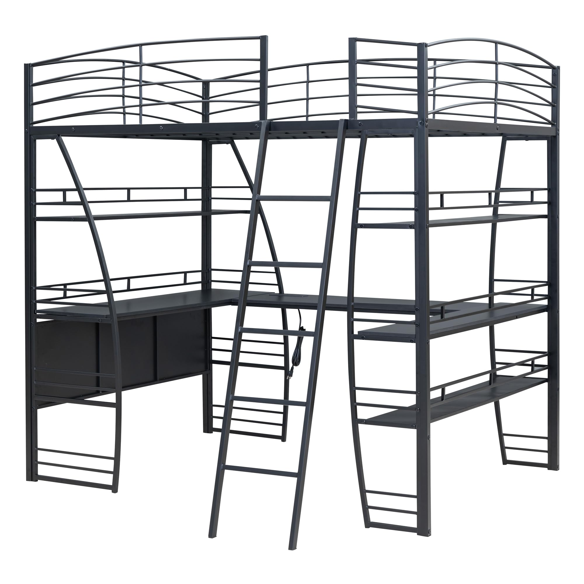 Full Size Metal Loft Bed with Desk and Bookcase, Modern Style Heavy-Duty Steel Frame Bunk Bed with Sockets, USB Ports and Wireless Charging (Full, Black)