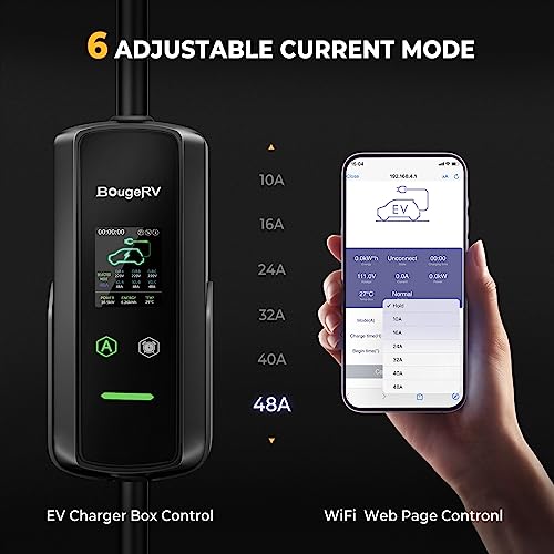 BougeRV Portable 48 Amp EV Charger Level 2, 240V, NEMA14-50P, 11.52KW Max Output with Adjustable Current and Charging Schedule, Plug-in Electric Vehicle Charging Cable with 25Ft for Indoor/Outdoor Use