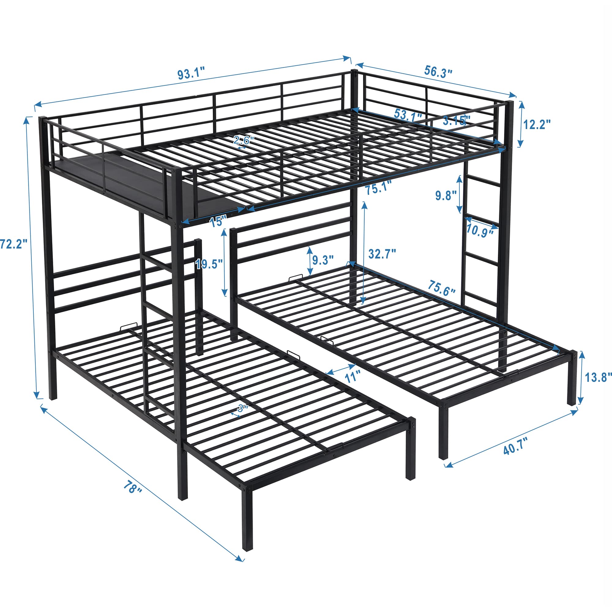 BIADNBZ Triple Bunk Bed Full Over Twin&Twin with Built-in Shelf and 2 Ladders, 3 in 1 Metal L-Shaped Bunkbeds for Kids Teens Adults Bedroom, Black