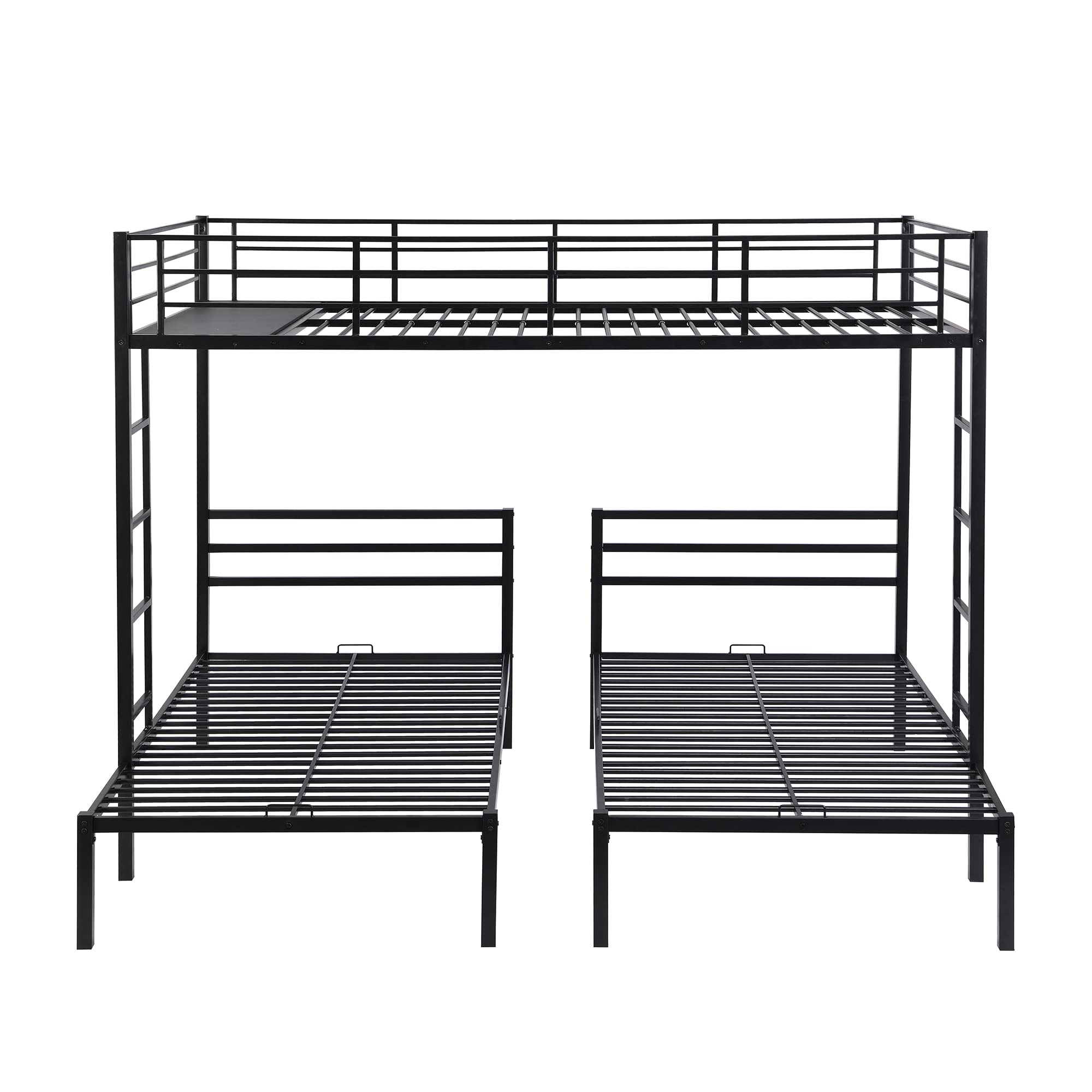 BIADNBZ Triple Bunk Bed Full Over Twin&Twin with Built-in Shelf and 2 Ladders, 3 in 1 Metal L-Shaped Bunkbeds for Kids Teens Adults Bedroom, Black