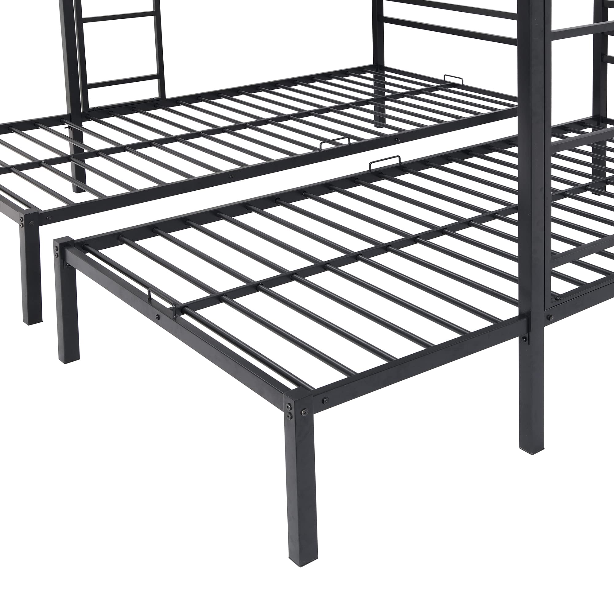 BIADNBZ Triple Bunk Bed Full Over Twin&Twin with Built-in Shelf and 2 Ladders, 3 in 1 Metal L-Shaped Bunkbeds for Kids Teens Adults Bedroom, Black