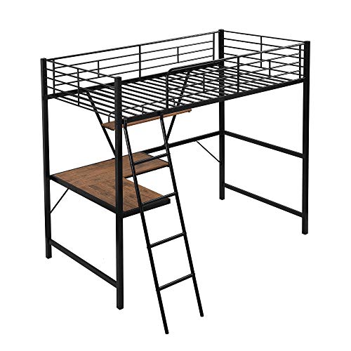 MOEO Twin Size Metal Loft Bed with L-Shaped Desk and Shelf, Bedfram w/Guardrail for Kids, Home, No Spring Box Required, Black