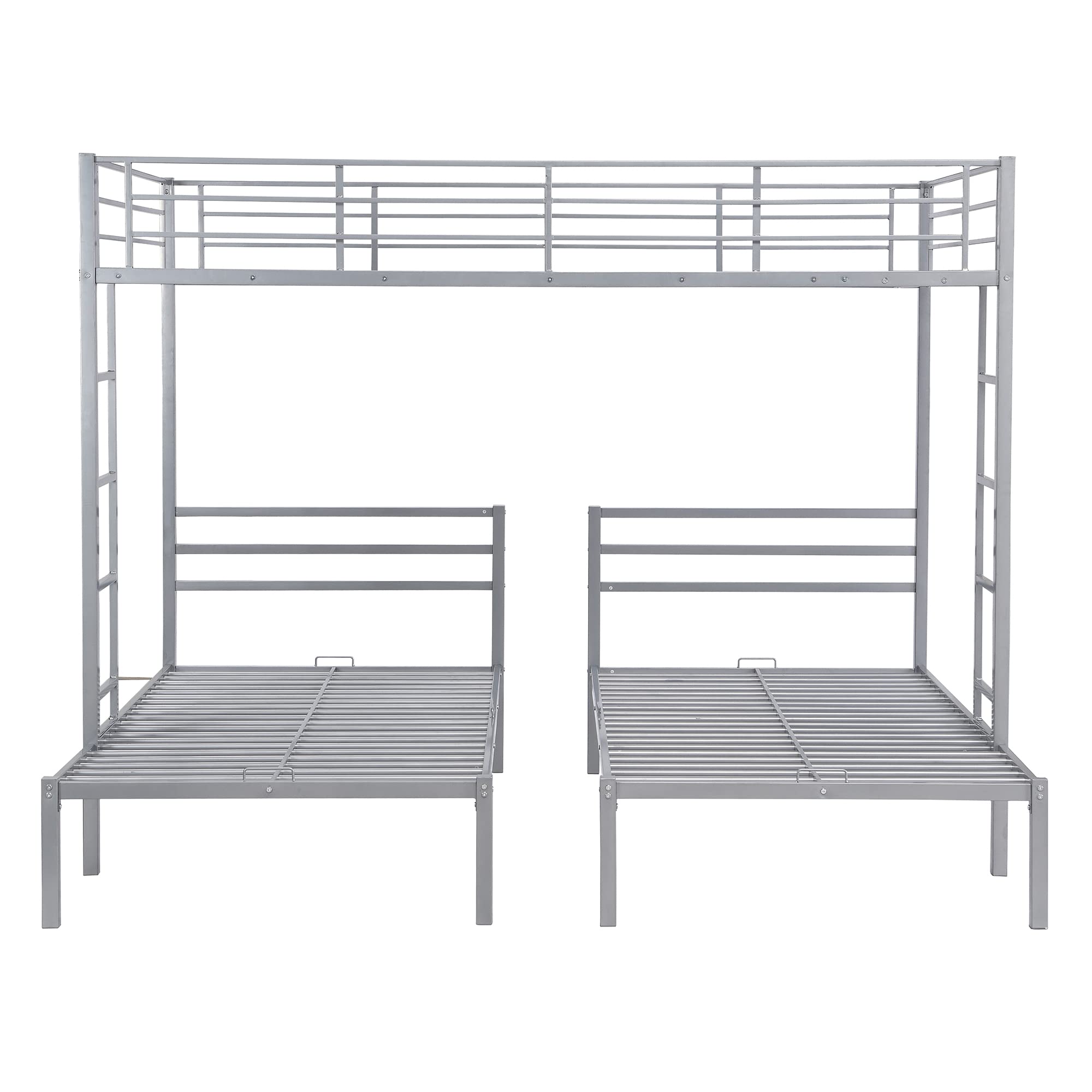 RUNWON Meta L Shaped Triple Bed, Solid Full Over Twin&Twin Bunk Bedframe with Built-in Shelf and 2 Ladders for 3 Kids Teens