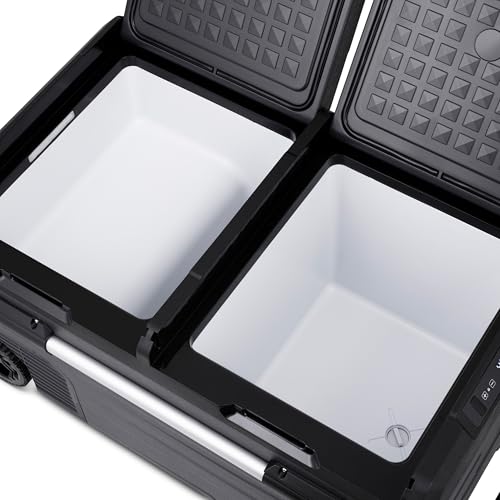 Newair Portable 80 Qt. Electric Car Camping Cooler with 4 Battery Protection Modes, Dual Zone Fridge and Freezer Storage, Retractable Handle, Outdoor Wheels and Rugged Construction