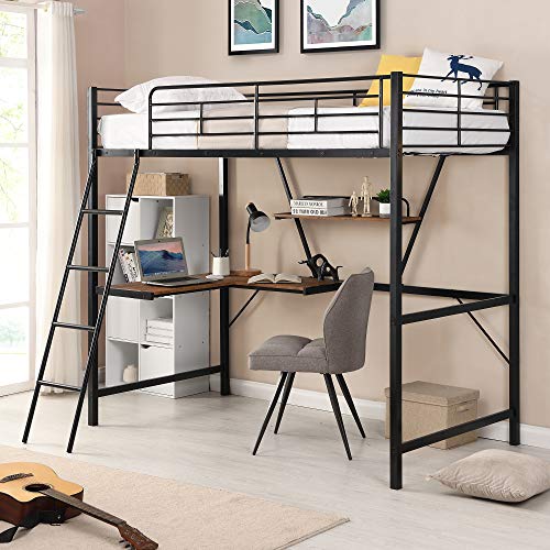 MOEO Twin Size Metal Loft Bed with L-Shaped Desk and Shelf, Bedfram w/Guardrail for Kids, Home, No Spring Box Required, Black