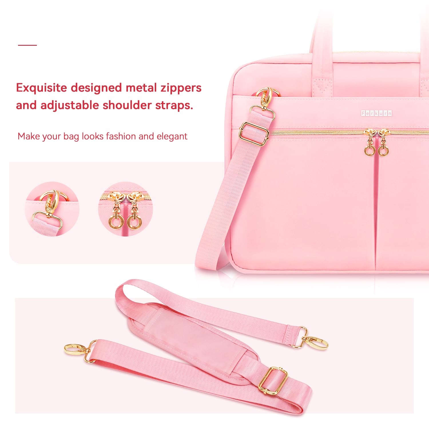 Ferkurn Laptop Bag Case Women Men Computer Bag Compatible with MacBook/HP/LG/Dell, Shoulder Strap Carrying Briefcase Messenger Bag, Pink, 15.6-16 Inch