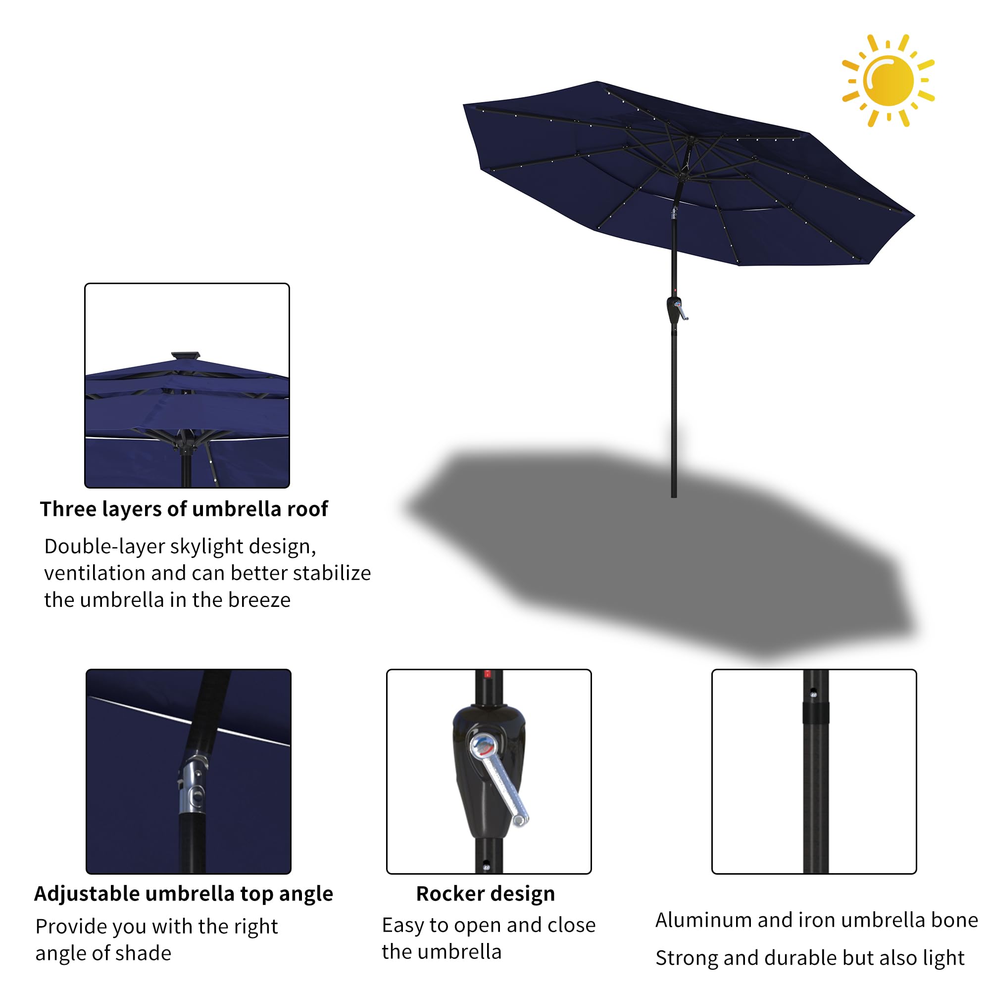 Boyel Living 11ft 3-Tier Patio Umbrella Outdoor Patio Table Umbrella Large Umbrella Pool Umbrella With 32 Led Lights For Deck, Pool, Garden, Patio-Navy Blue