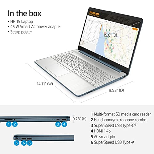 HP Newest 15.6" Laptop , FHD, AMD R5-5500U, 8GB RAM, 256GB SSD, USB Type-C and USB Type-A , HDMI, Built-in Microphone/ Webcam, Windows 11, Spruce Blue