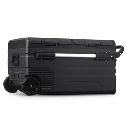 Newair Portable 80 Qt. Electric Car Camping Cooler with 4 Battery Protection Modes, Dual Zone Fridge and Freezer Storage, Retractable Handle, Outdoor Wheels and Rugged Construction
