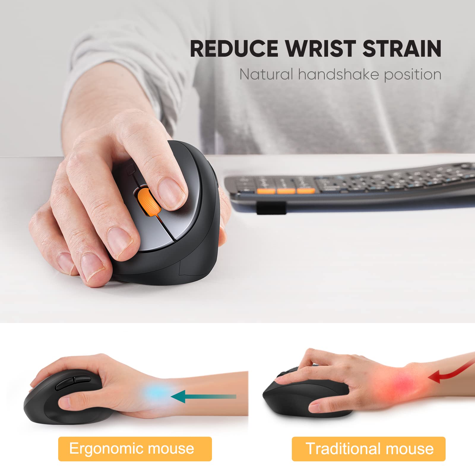 ProtoArc Wireless Vertical Mouse, EM14 Ergonomic Wireless Mouse 2.4G Optical Vertical Mice, 800/1200 / 1600 DPI, Reduce Wrist Strain, for Small Hands
