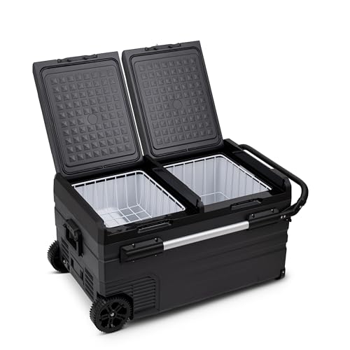 Newair Portable 80 Qt. Electric Car Camping Cooler with 4 Battery Protection Modes, Dual Zone Fridge and Freezer Storage, Retractable Handle, Outdoor Wheels and Rugged Construction