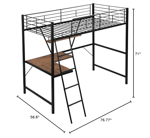 MOEO Twin Size Metal Loft Bed with L-Shaped Desk and Shelf, Bedfram w/Guardrail for Kids, Home, No Spring Box Required, Black
