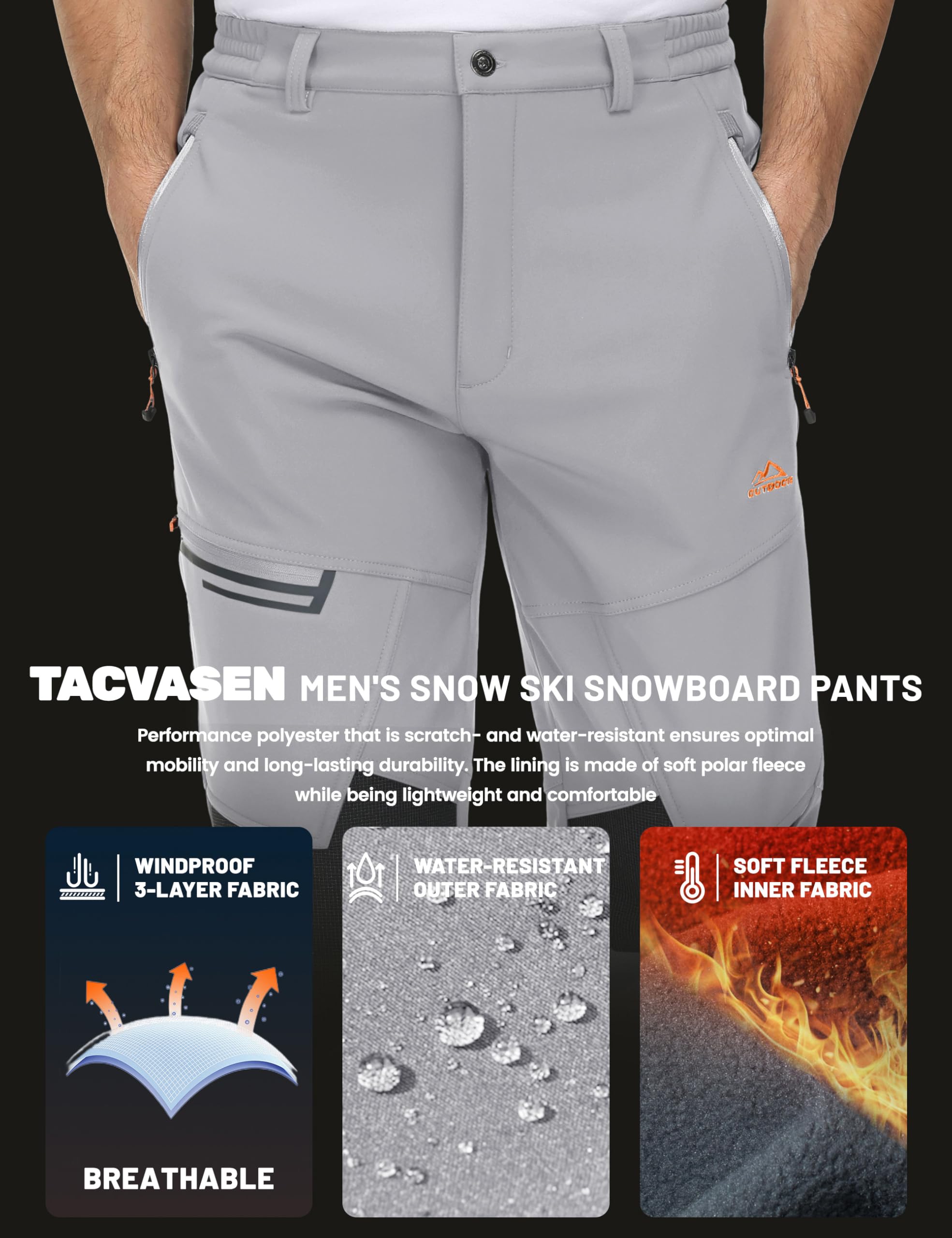 TACVASEN Hiking Pants Men Water Resistant Snowboard Pants Windproof Fleece Lined Trousers Insulated Snow Softshell Ski Warm Tactical Gray 30
