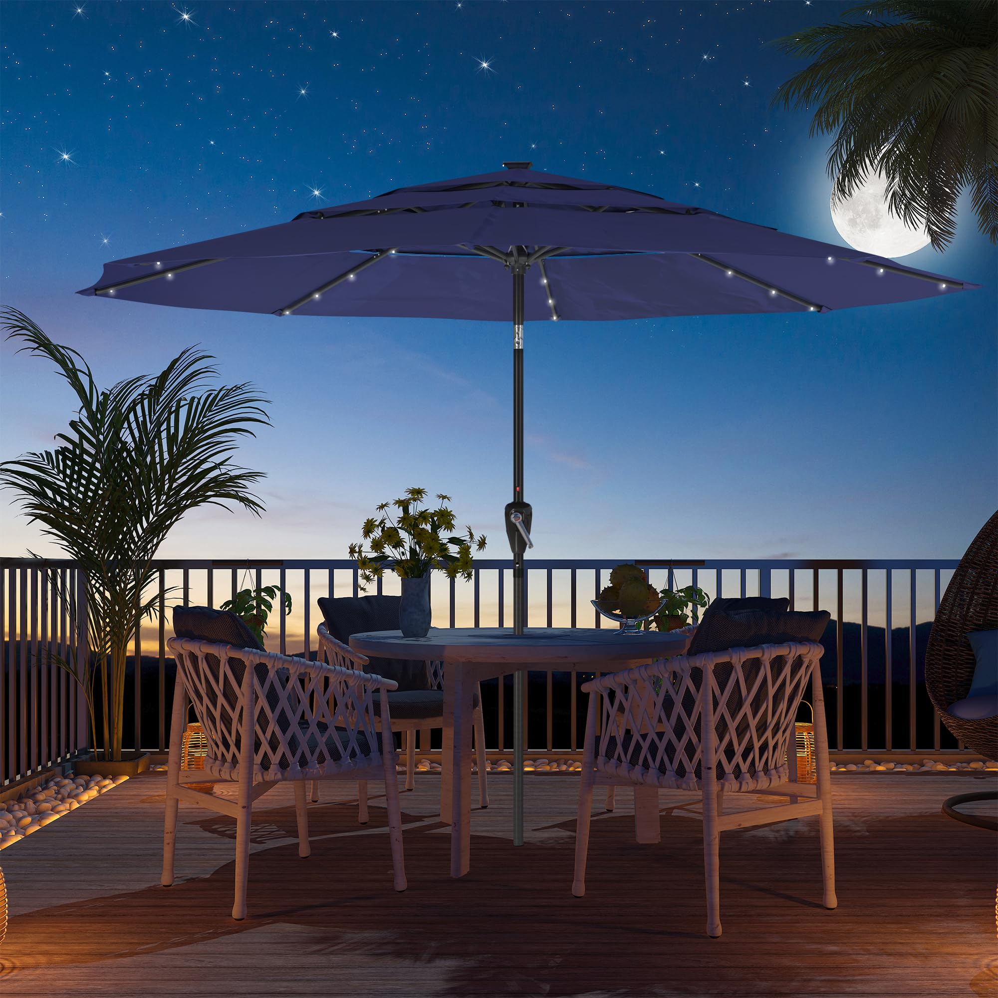 Boyel Living 11ft 3-Tier Patio Umbrella Outdoor Patio Table Umbrella Large Umbrella Pool Umbrella With 32 Led Lights For Deck, Pool, Garden, Patio-Navy Blue