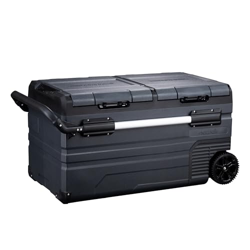 Newair Portable 80 Qt. Electric Car Camping Cooler with 4 Battery Protection Modes, Dual Zone Fridge and Freezer Storage, Retractable Handle, Outdoor Wheels and Rugged Construction