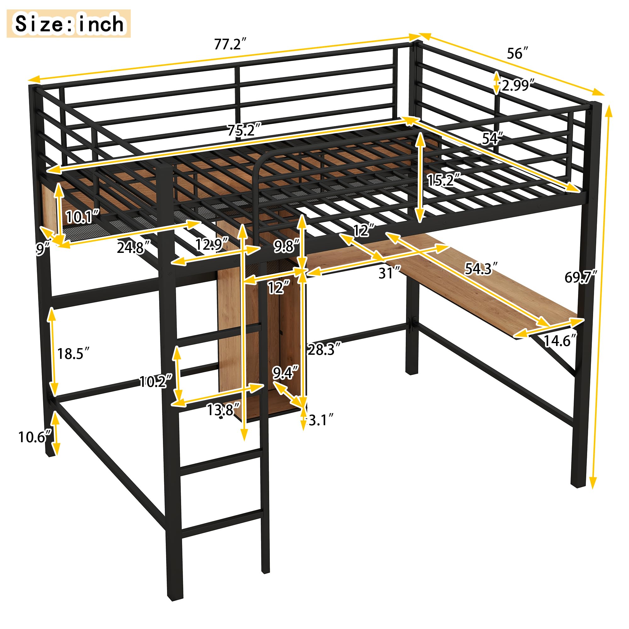 VilroCaz Full Size Metal Loft Bed with Wood L-Shaped Desk and Shelves, Multi -Functional Design Loft Bed Frame with 15.2'' Height Guardrails for Kids Teens Adults, Space-Saving