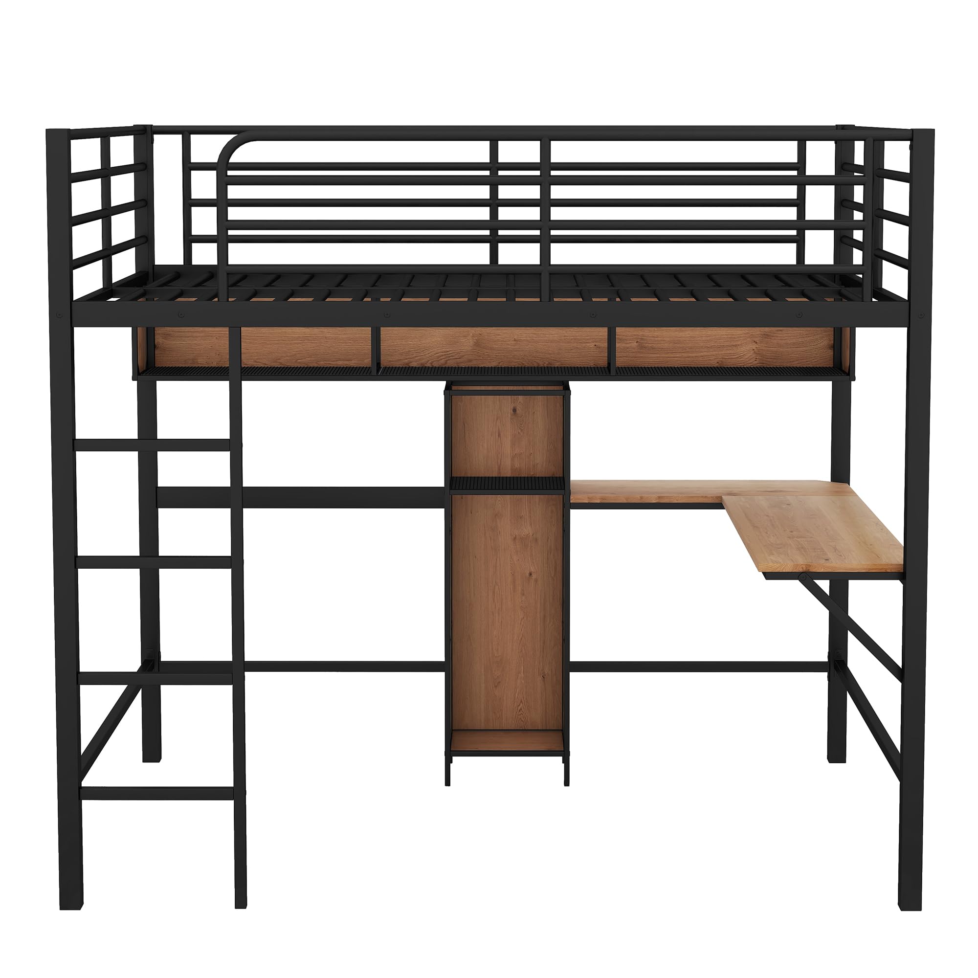 VilroCaz Full Size Metal Loft Bed with Wood L-Shaped Desk and Shelves, Multi -Functional Design Loft Bed Frame with 15.2'' Height Guardrails for Kids Teens Adults, Space-Saving
