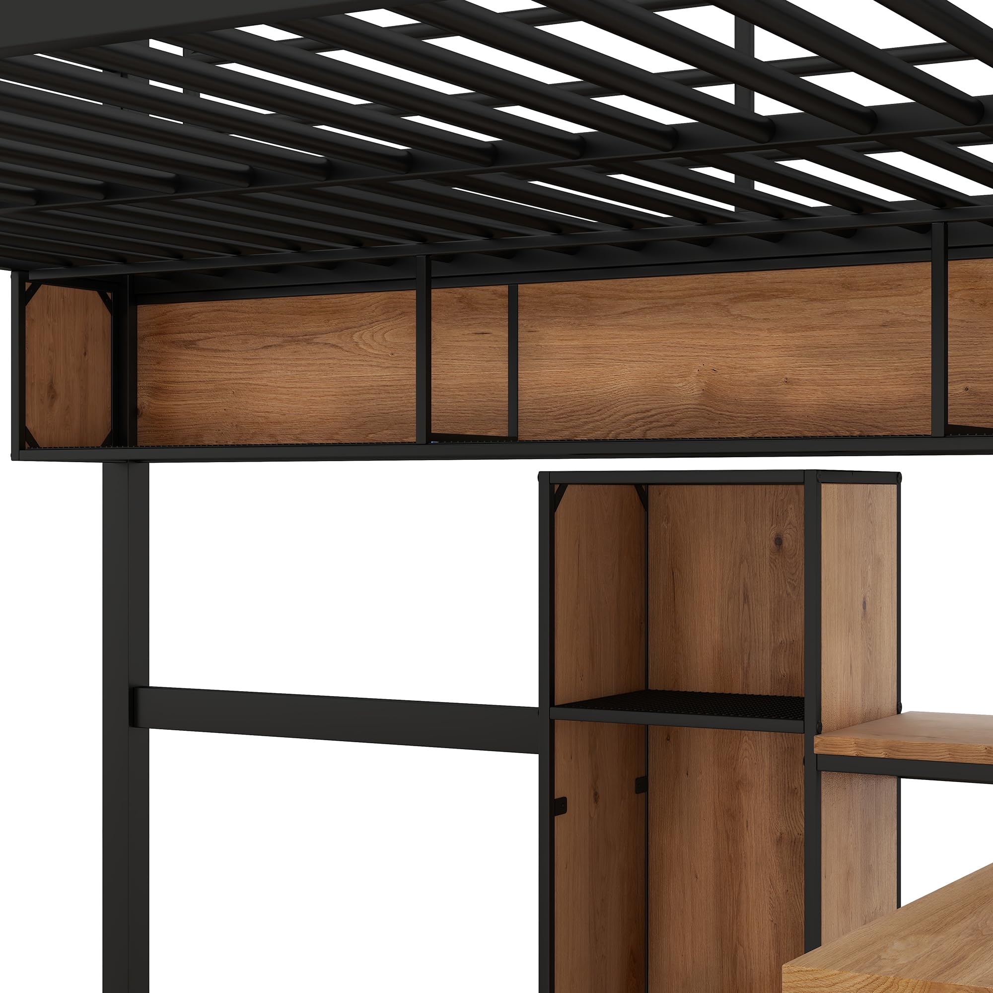 VilroCaz Full Size Metal Loft Bed with Wood L-Shaped Desk and Shelves, Multi -Functional Design Loft Bed Frame with 15.2'' Height Guardrails for Kids Teens Adults, Space-Saving