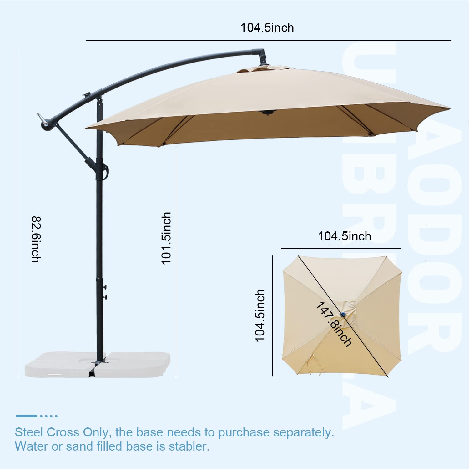 Aoodor Offset Square Patio Umbrella 8.7β Cantilever Hanging Market Umbrella Water Resistant UV Protection Brown- Base Not Included
