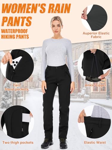 Womens Snow Pants Winter Waterproof Pants Outdoor Soft Shell Fleece Linded Cargo Ski Hiking Pants, Black 16
