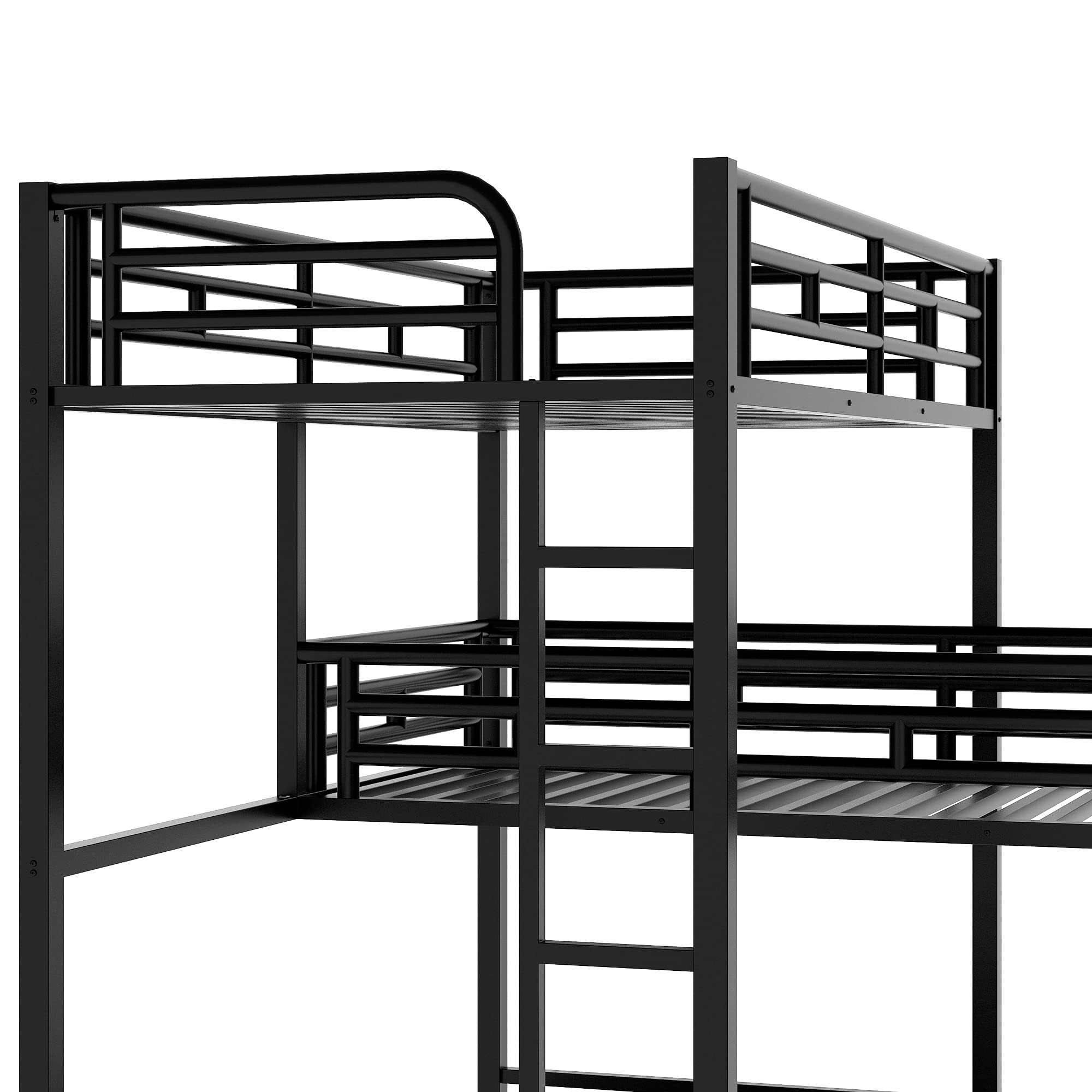 CKLMMC Metal Triple Bunk Bed,Twin Size L-Shaped Bunk Bed,Metal 3 Bed Bunk Beds Frame Attached Twin Loft Bed with Ladder and Full-Length Guardrails for Boys Girls Teens