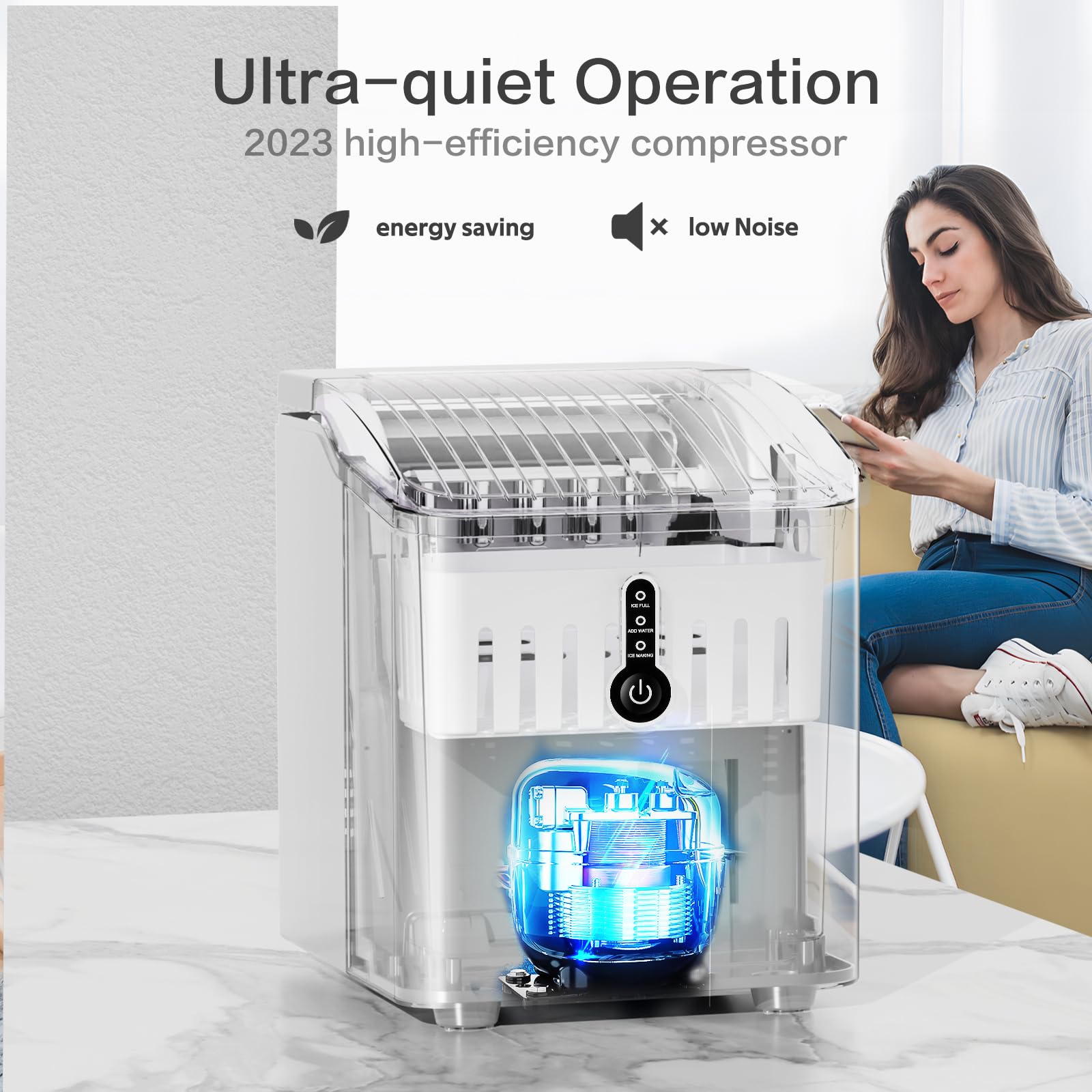 ZAFRO Ice Maker Countertop, Portable Ice Maker with Self-Cleaning, 26Lbs/24Hrs, 9 Cubes Ready in 8 Mins, One-Click Operation, Compact Ice Maker with Ice Scoop/Basket for Home/Kitchen/Office, Silver